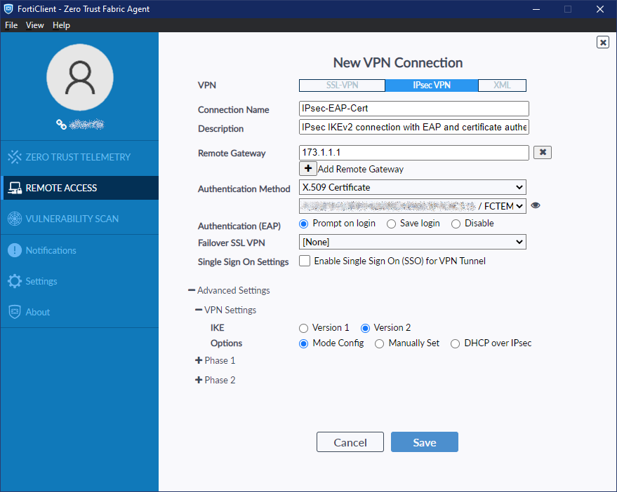 IPsec IKEv2 VPN 2FA with EAP and certificate authentication 7.4.2 | FortiGate / FortiOS 7.4.0 ...